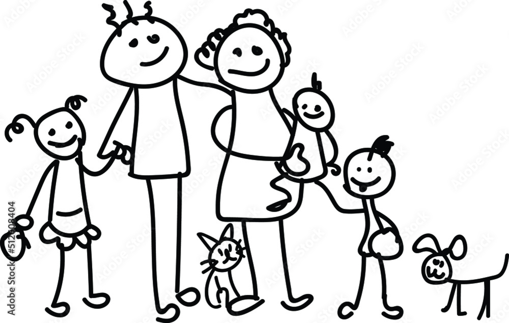 Cartoon stick man drawing illustration of happy family of father ...