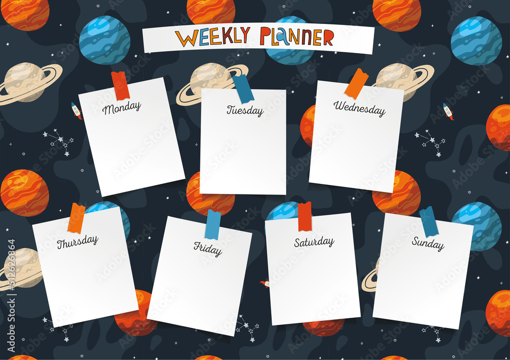 Weekly planner sheet template. School timetable with cute planets ...