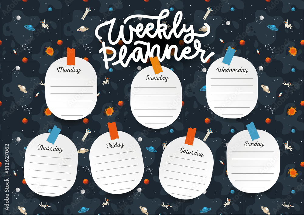 Weekly planner A4 sheet template. School timetable with galaxy universe ...