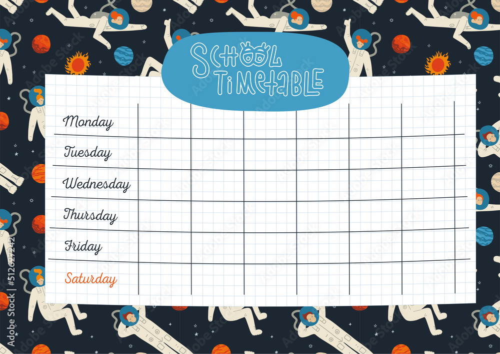 School timetable template, weekly classes schedule on space background ...