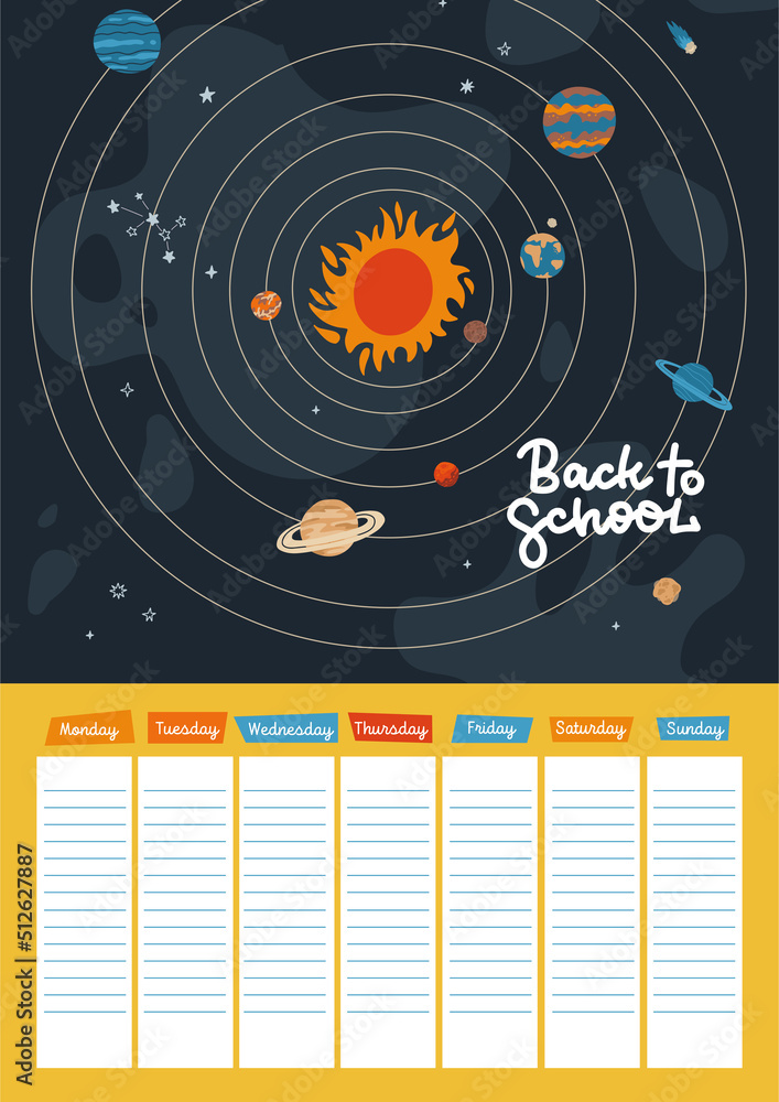 A4 School timetable with Solar system. Galaxy universe weekly planner ...