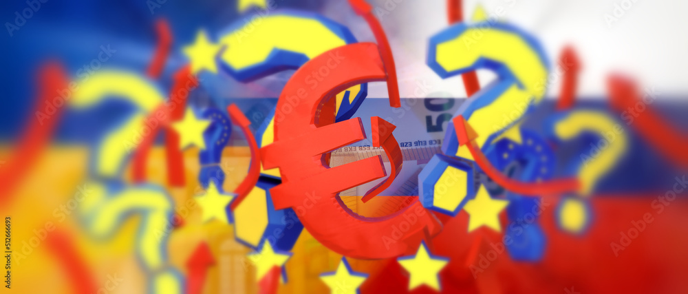 red EUR Euro symbol and question marks in colors of the flag of Europe ...