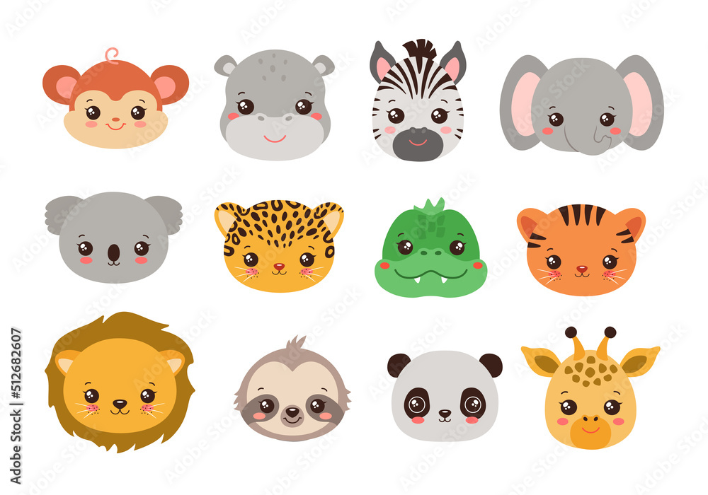 Safari animal faces kawaii style. Cute jungle animals heads icons. Fun ...