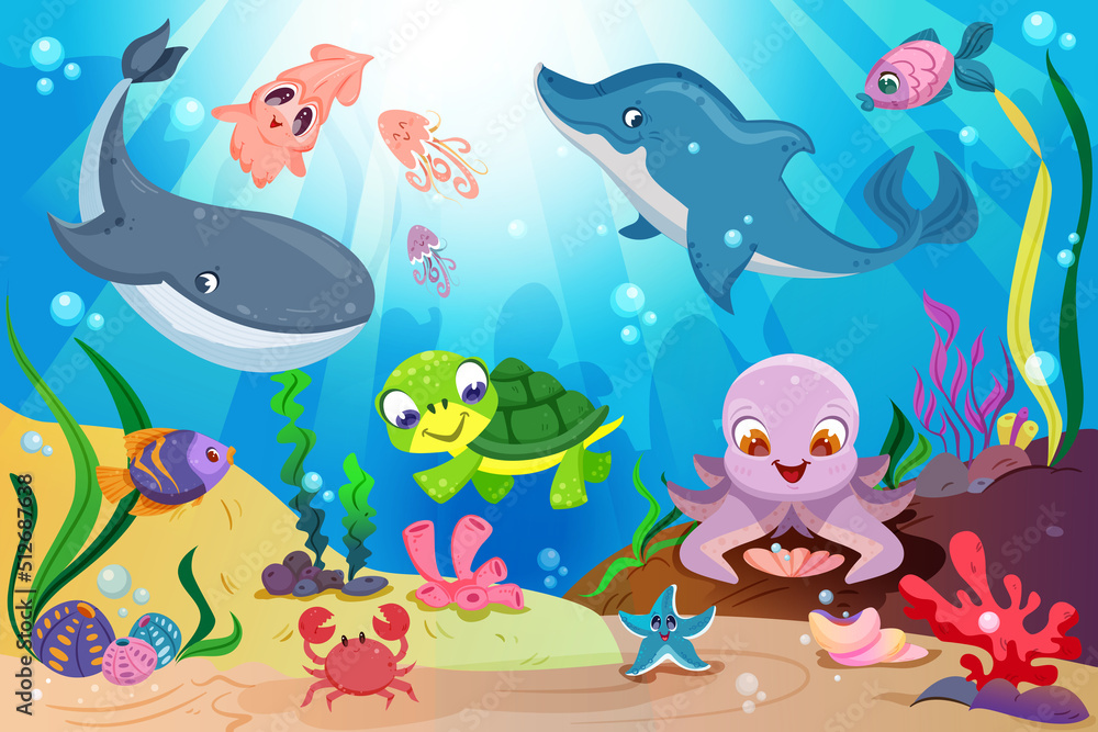 Underwater ocean life with cute sea animals, colorful tropical fish ...