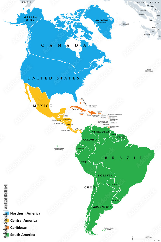 The Americas, geoscheme and political map. The North American subregion ...