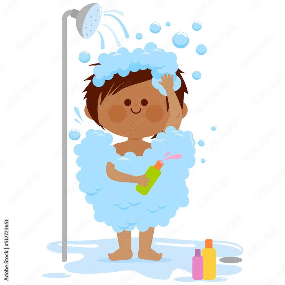 Little child in the bathroom taking a shower. Vector illustration Stock ...