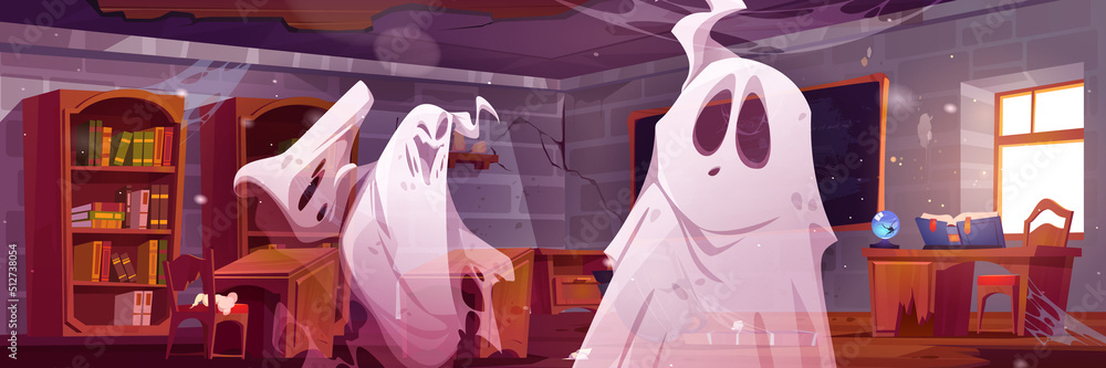 Spooky ghosts in old magic school classroom. Halloween background with ...