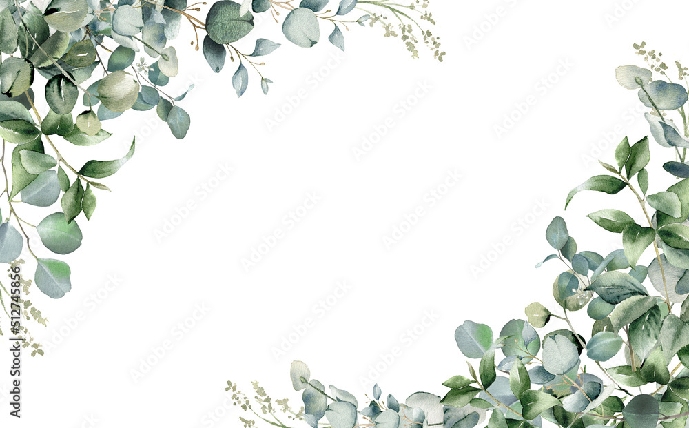 Eucalyptus leaves border. Watercolor illustration isolated on white ... Eucalyptus leaves border. Watercolor illustration isolated on white ...