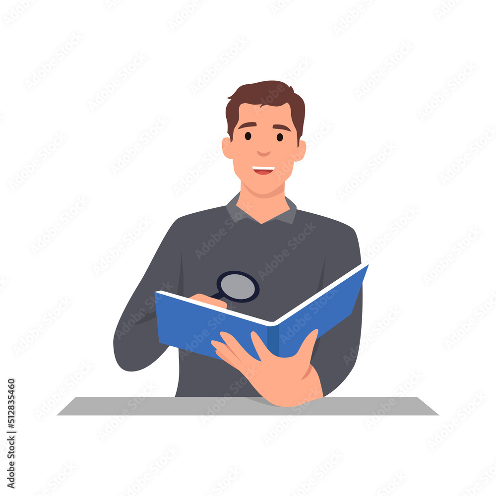 Young man reading a interesting book with magnifying glass cartoon ...
