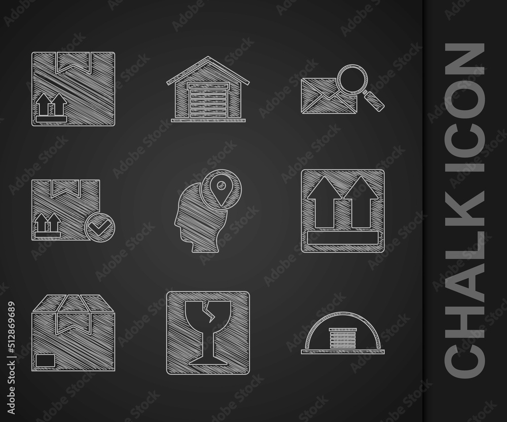 Set Delivery man with cardboard boxes, Fragile broken glass, Hangar, This side up, Carton ...