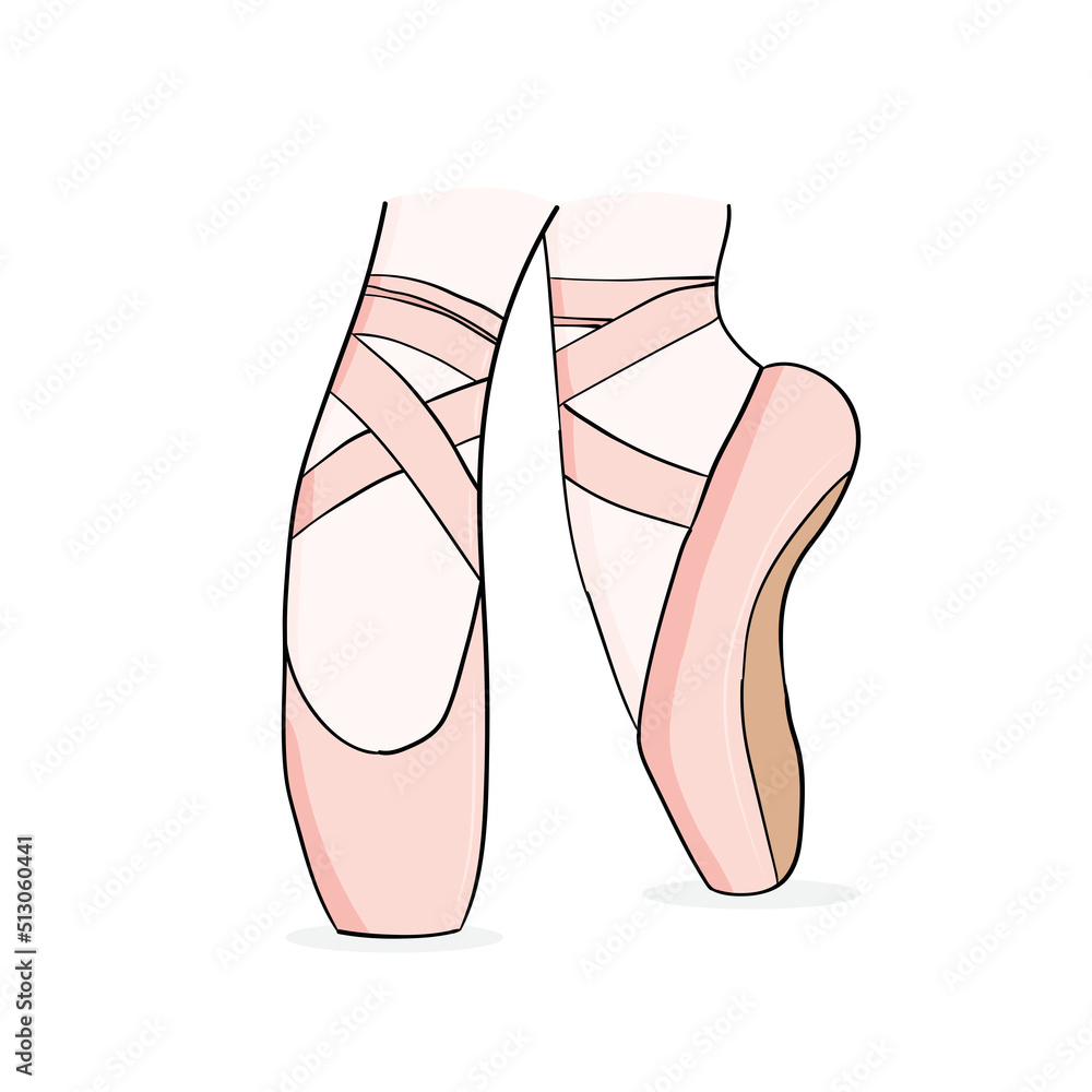 Pair of cartoon female ballerina legs in pink pointe shoes hand drawn isolated on white ...