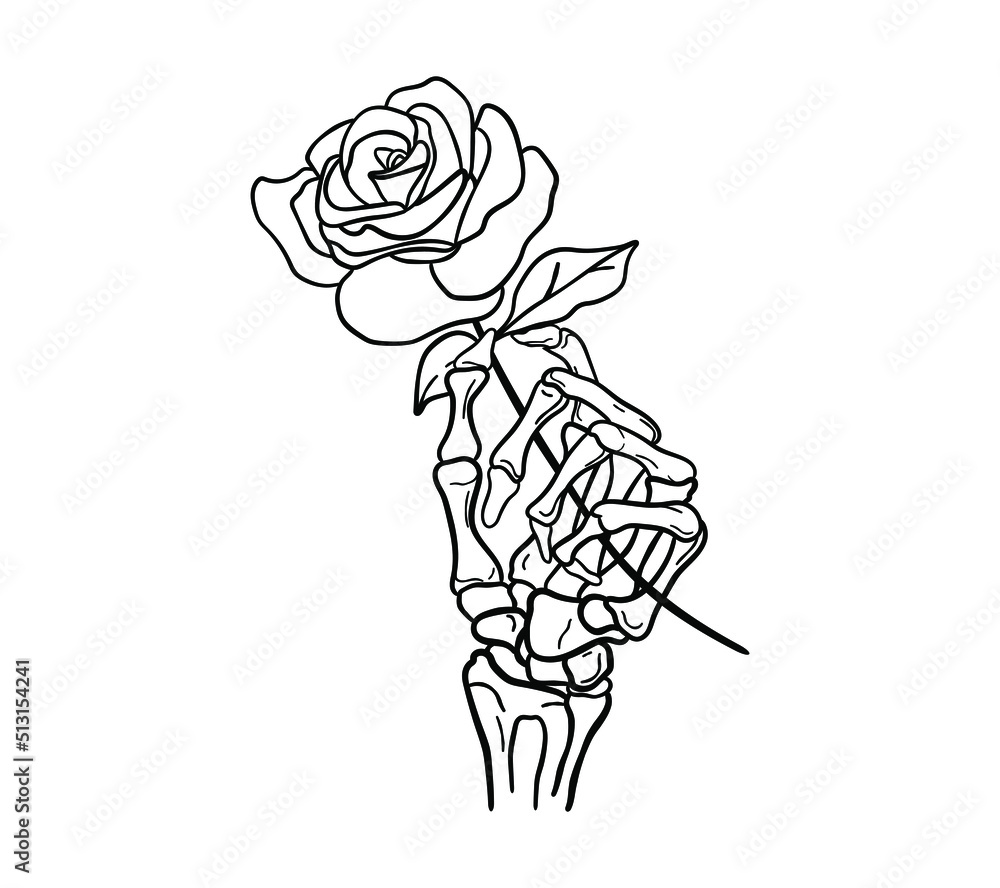 Skeleton hand holding rose flower in vintage monochrome style isolated ...