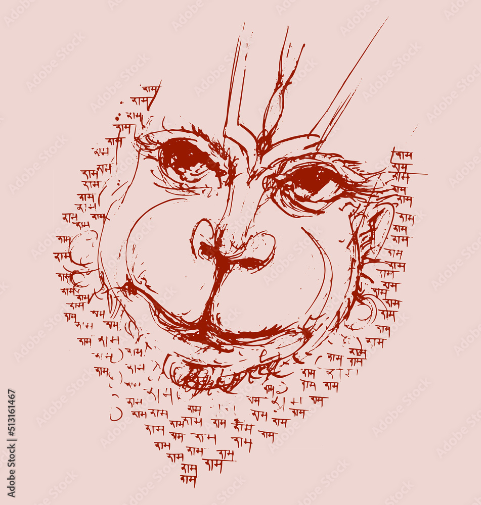 Vector of the Hindu god Lord Hanuman face outline on a red background ...
