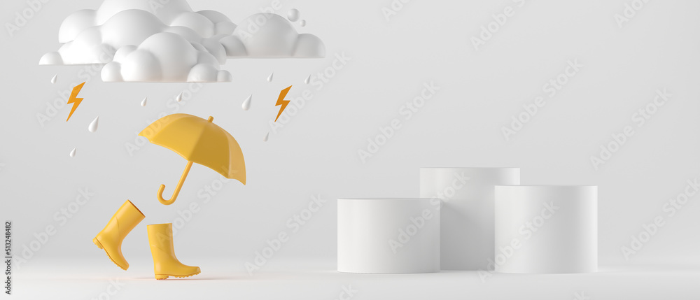 3d cartoon rain season podium on white background. concept for banner ...