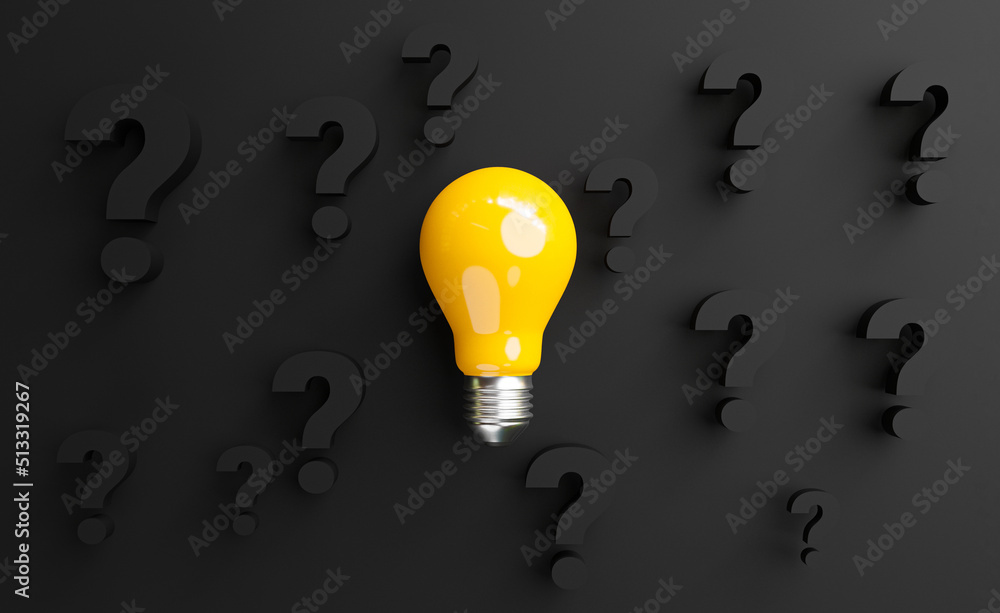 Yellow lightbulb on black question mark and black background for ...