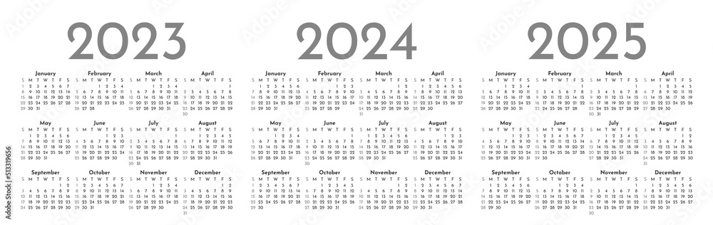 Set of black and white monthly calendar templates for 2023, 2024, 2025 ...