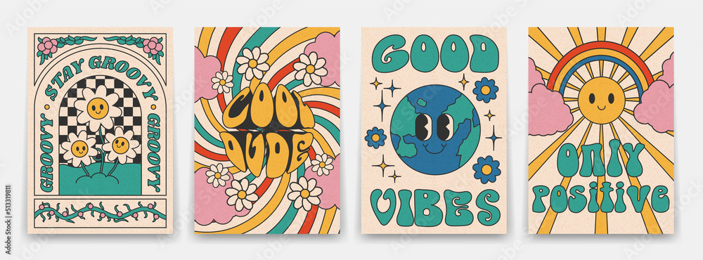 Groovy posters 70s. Retro poster with psychedelic characters, sun rays ...