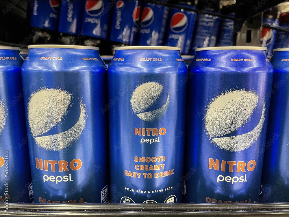 Nitro Pepsi display. Nitro Pepsi is a specialty nitrogen-infused cola ...