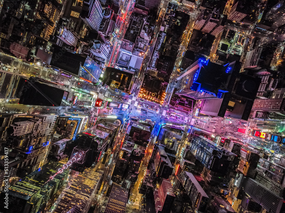 Overhead shot of buildings and streets around Times Square ...