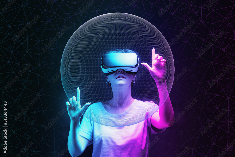 Foto de Stock Metaverse and 3D simulation. Portrait of young woman in ...