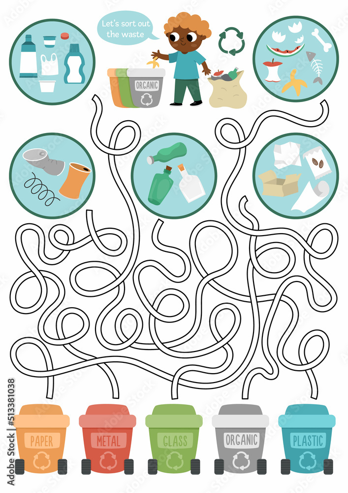 Ecological maze for children with kid sorting out the rubbish. Earth ...