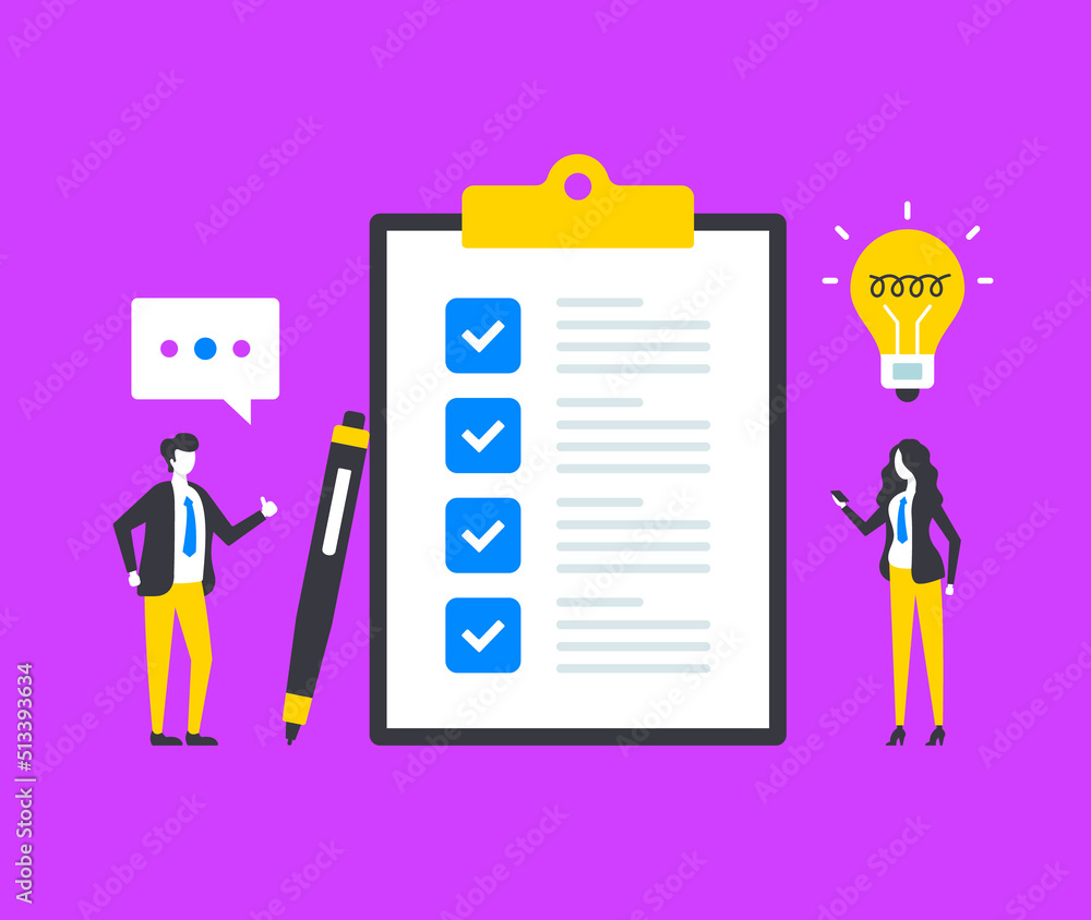 Checklist. People and clipboard with check list. Business report ...