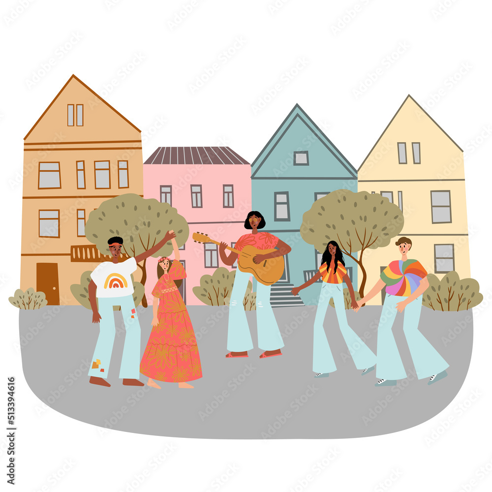 groovy hippie vector illustration clipart, retro 70s hippy on city ...