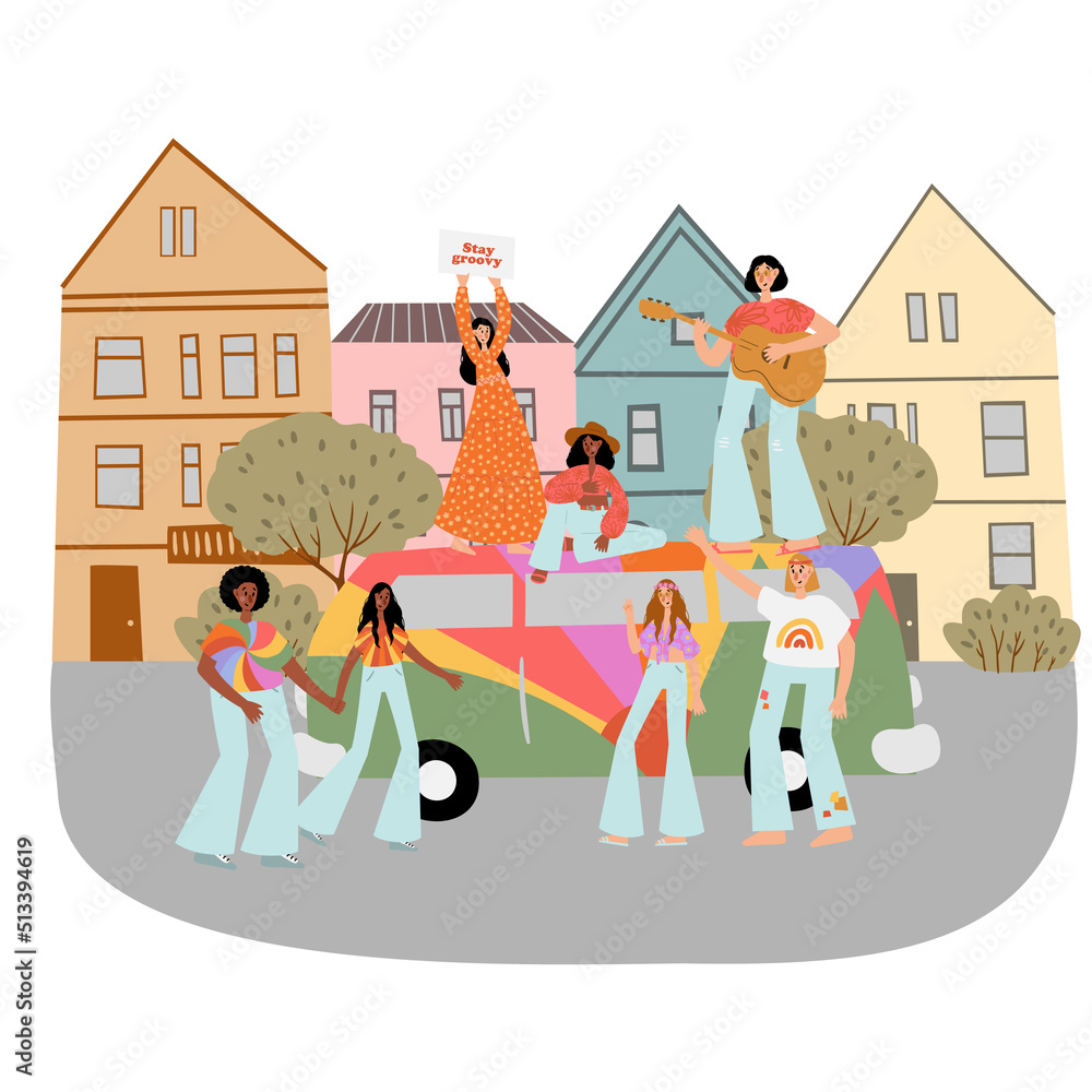 groovy hippie vector illustration clipart, retro 70s hippy bus van on ...