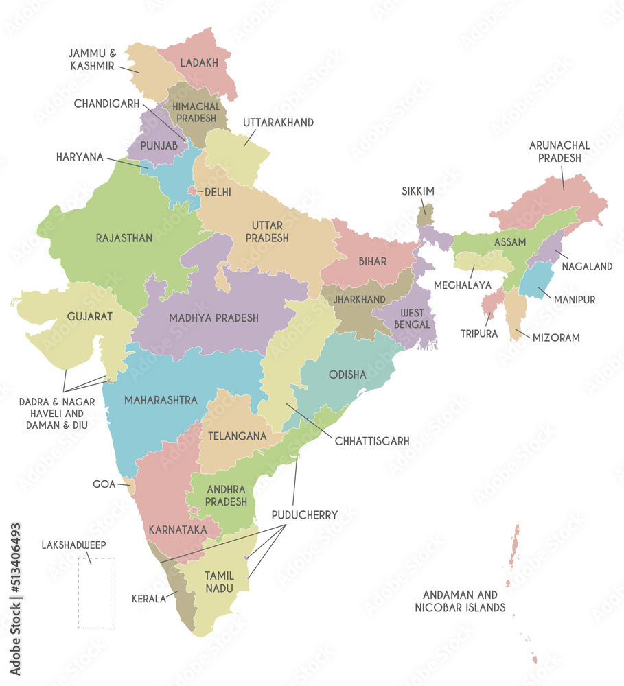 Vector map of India with states and territories and administrative ...