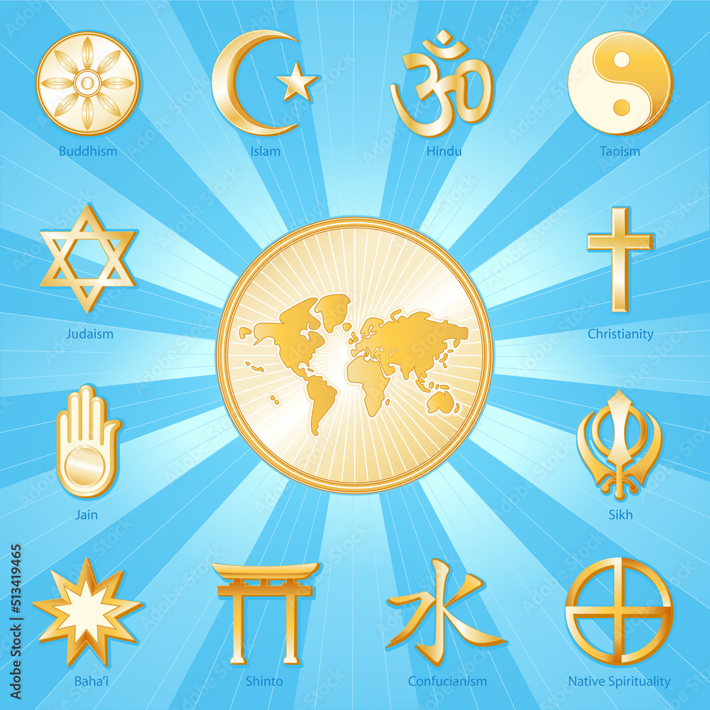 World of Faith, International Religions surround earth map: Buddhism ...
