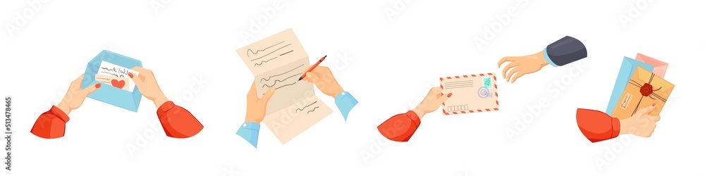 Handing postal letters. Hands writing future letter, handwritten paper ...