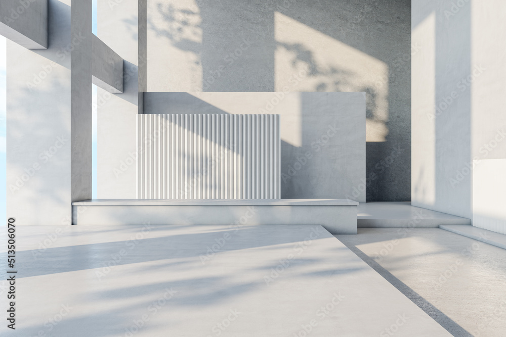 Sunlit art space hall with modern architecture design, light grey ...