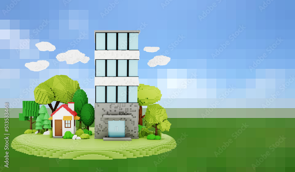 House and office building on pixelated background. 3d rendering image ...