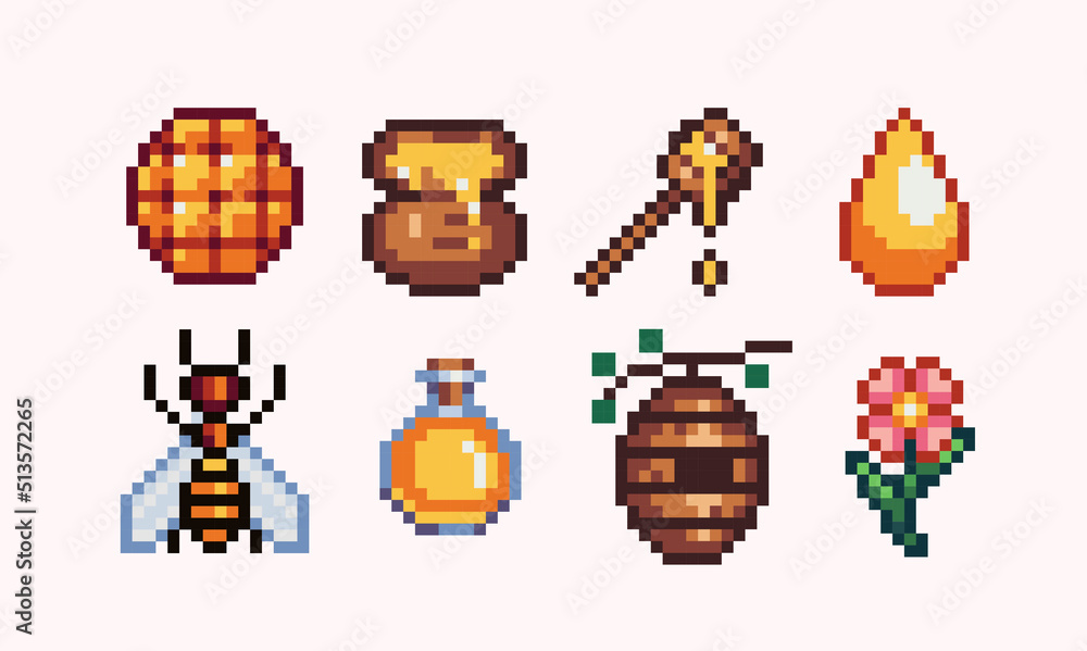 Honey products pixel art set. Honeycomb, bee, jars, hive collection. 8 ...