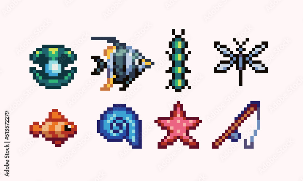 Fishing catch and rod pixel art set. Fish, insects and shellfish ...
