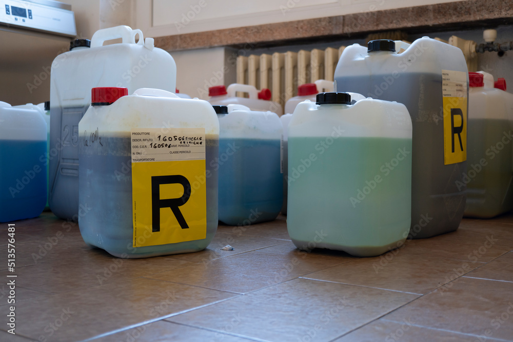 Toxic waste in jerry cans in the chemistry laboratory. Stock Photo ...