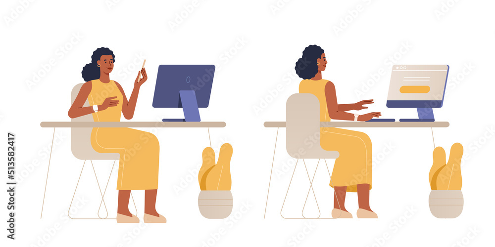 Vector illustration of a female character. Black woman works at the ...
