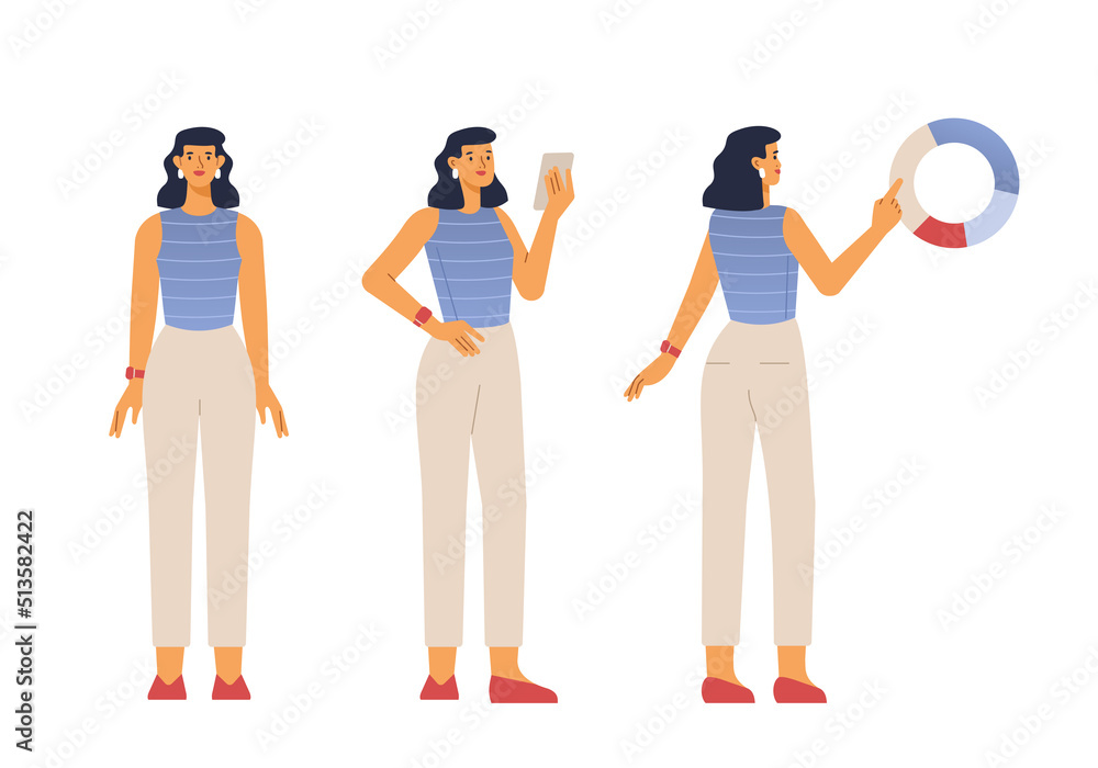 Vector illustration of a female character. Poses front, side, back. A ...