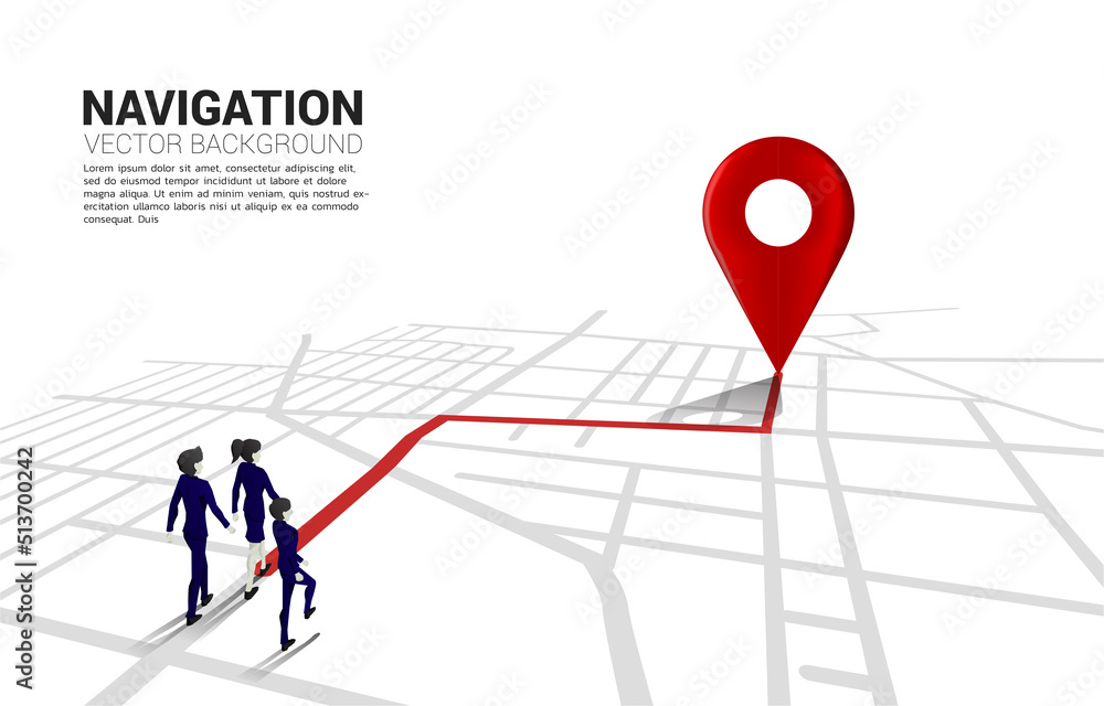 Route between 3D location pin markers and businessman on city road map. Concept for GPS ...