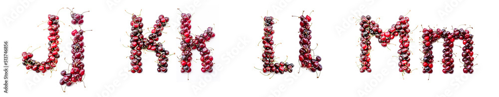 Cherry alphabet. Real berries in the form of letters, numbers and signs ...