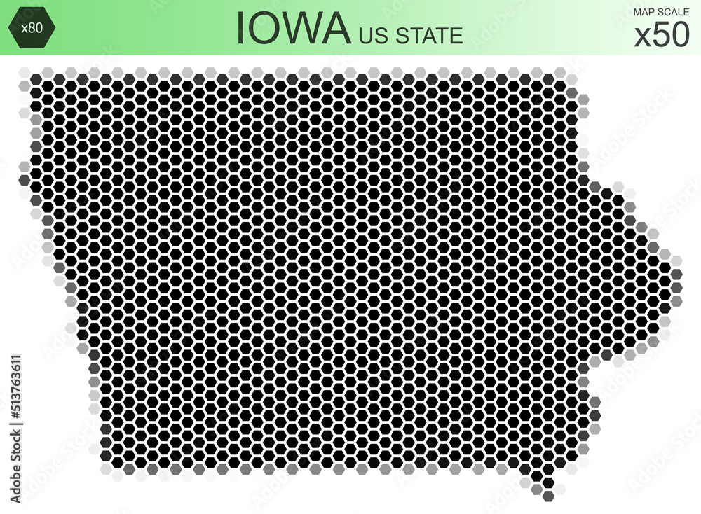 Dotted map of the state of Iowa in the USA, from hexagons, on a scale ...