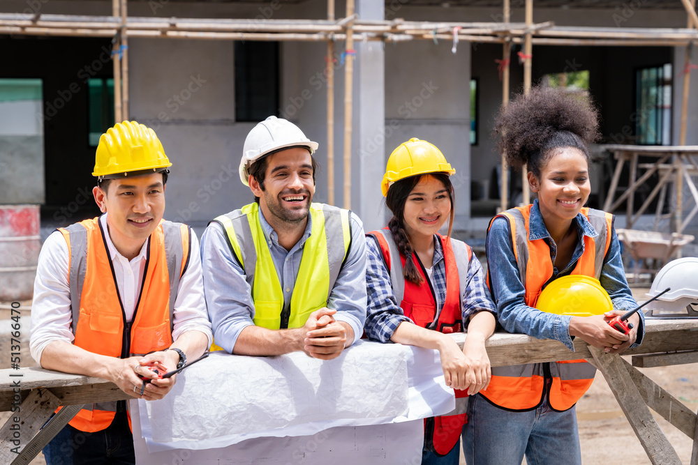 group civil engineers male female discuss inspect construction of ...