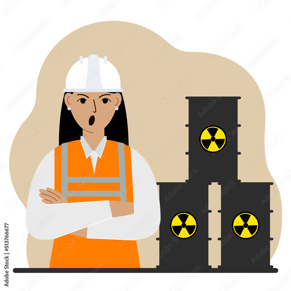 A female specialist next to black barrels with an image warning about ...