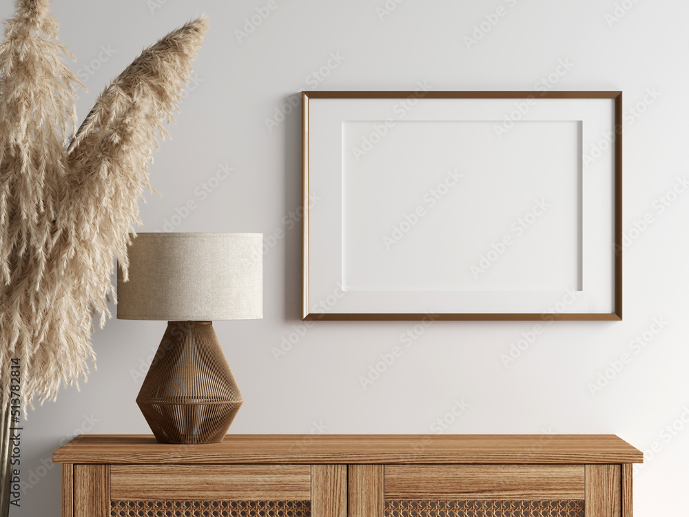 Horizontal frame mockup in boho living room interior, 3d render Stock ...