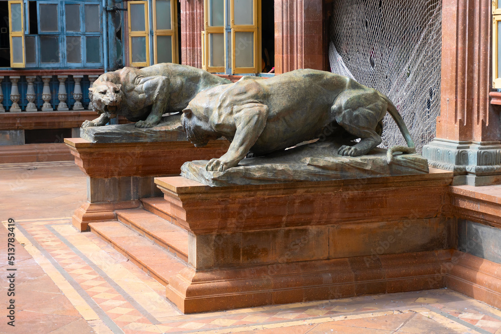 Mysore, Karnataka, India - November 25th, 2018 : Two statues of tigers ...