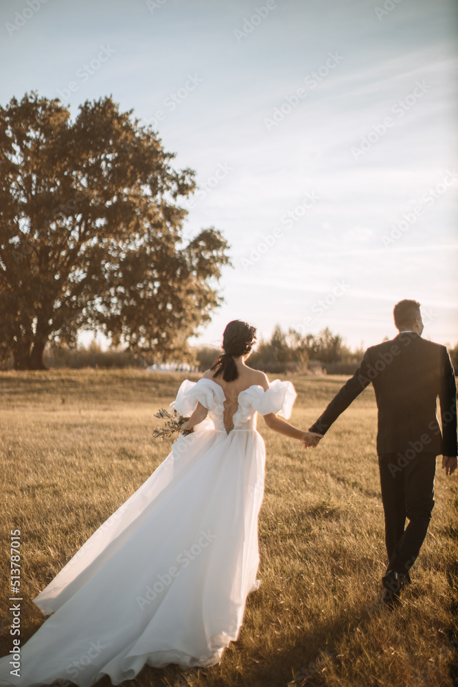 The bride and groom walk holding hands in the rays of the setting sun ...