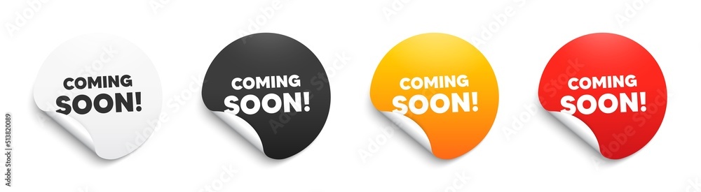 Coming soon text. Round sticker badge with offer. Promotion banner sign ...