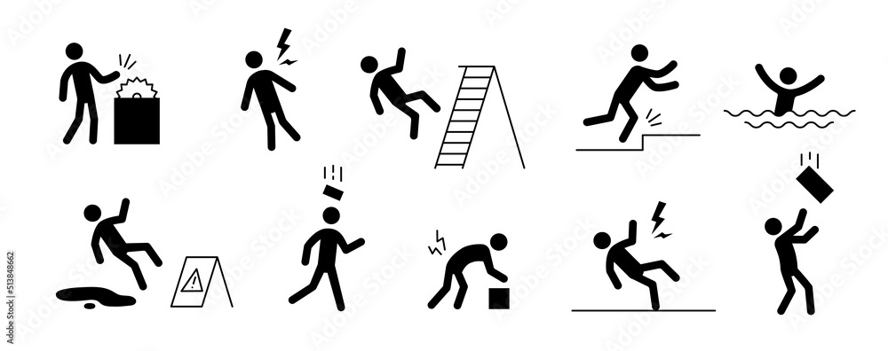 Accident pictogram man icon. Work safety, injury caution, hazard ...