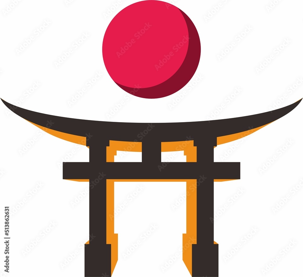torri gate building of japanese design with sun flag of japanese flag ...