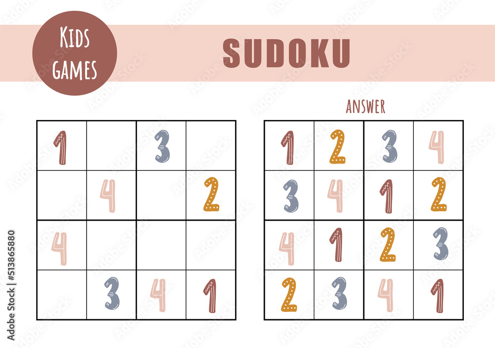 Sudoku for kids. Children activity sheet. Puzzle game with boho numbers ...